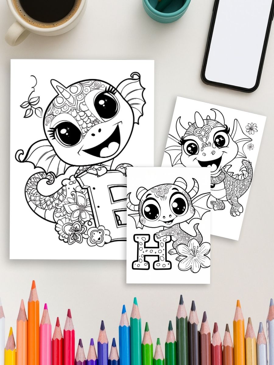 Dragon ABC – 36 Alphabet & Number Pages with Dragons | Colouring Pics